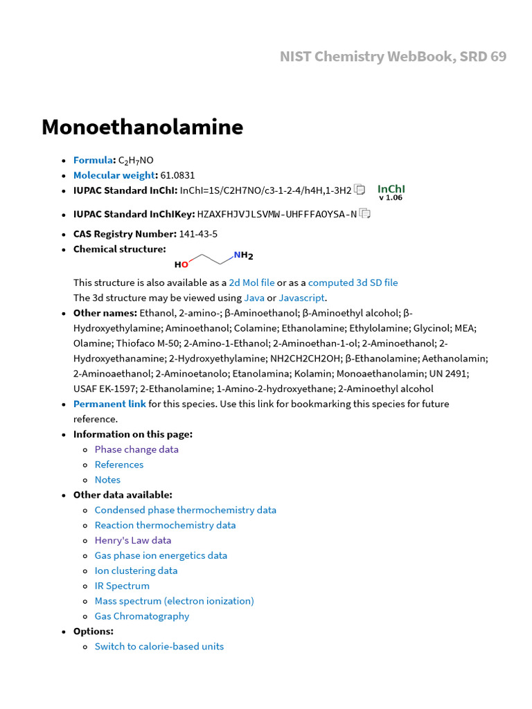 Monoethanolamine NIST | PDF | Physical Chemistry | Chemistry