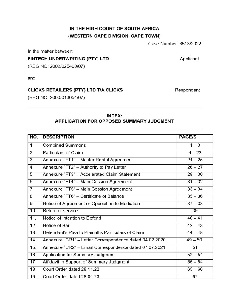 Summary Judgment Application: Fintech vs Clicks | PDF | Public Law ...
