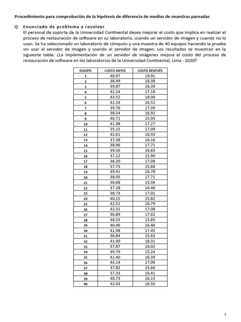 Diferencia de Medias Pareadas Con Datos Continuos-Costo - Caso Serv. de ...