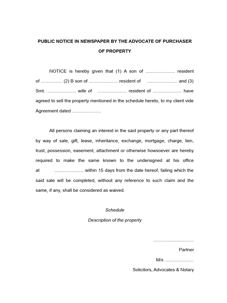 Public Notice in Newspaper by The Advocate of Purchaser of Property | PDF