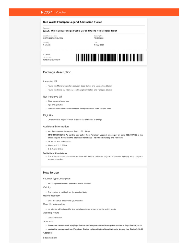 Fansipan Cable Car & Monorail Voucher | PDF | Gratuity