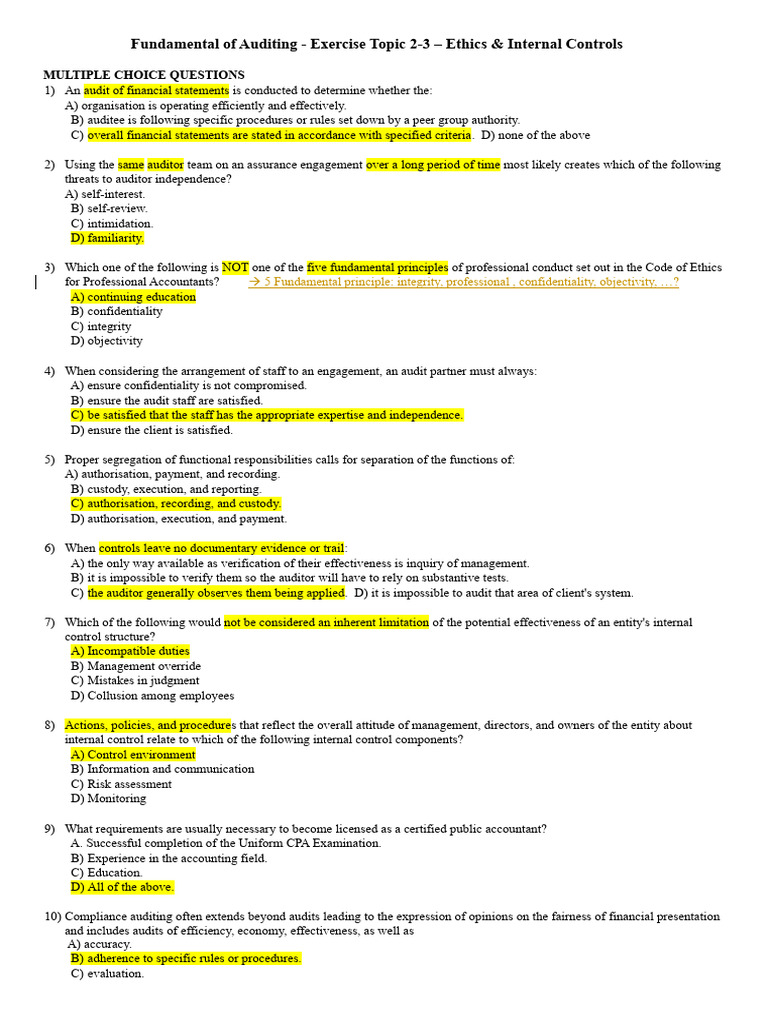 Exercise Topic 3 - Internal Controls | PDF | Audit | Internal Control