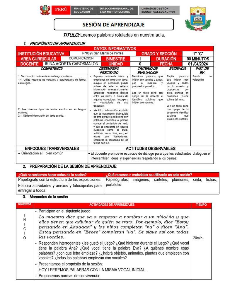 Sesión de Aprendizaje Com Rotulamos 01 de Abril | PDF | Ciencia cognitiva | Cognición