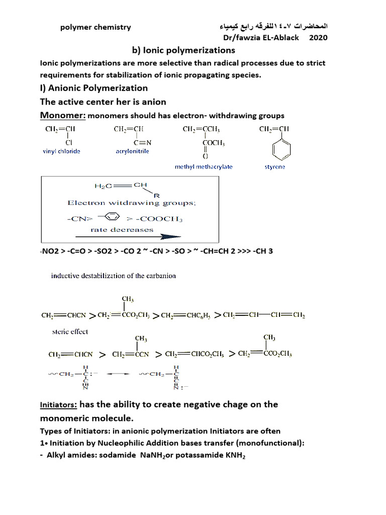 B) Ionic Polymerizations | PDF | Polymerization | Polymer Chemistry