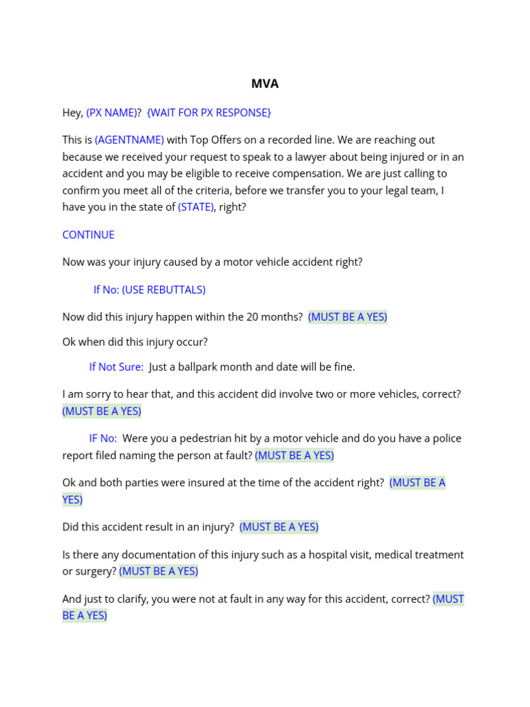 MVA Script (MVA Only) With TCPA Verbiage | PDF