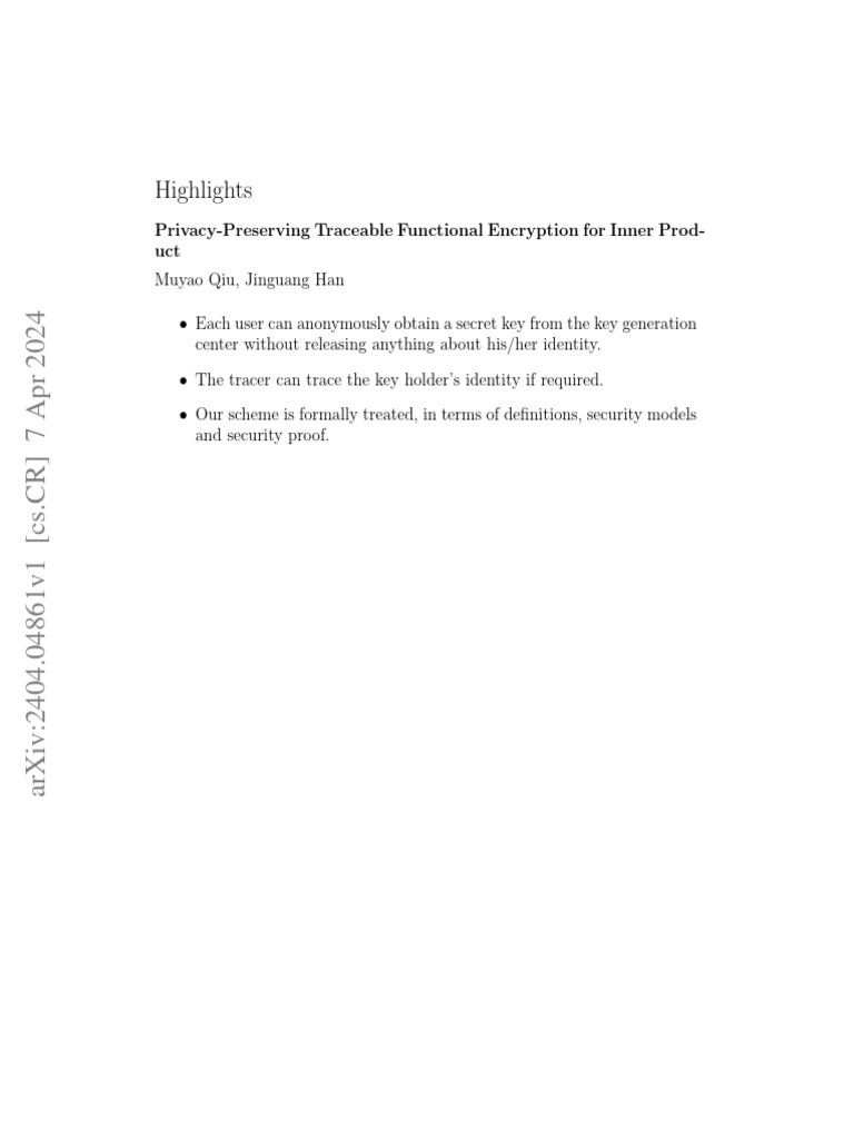 Privacy Preserving Traceable Functional Encryption For Inner Product Download Free Pdf 