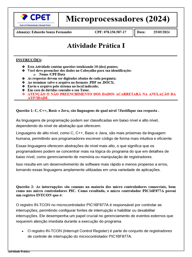 Atividade Prática Microprocessadores | PDF | Conversor de analógico para digital | Linguagem de ...