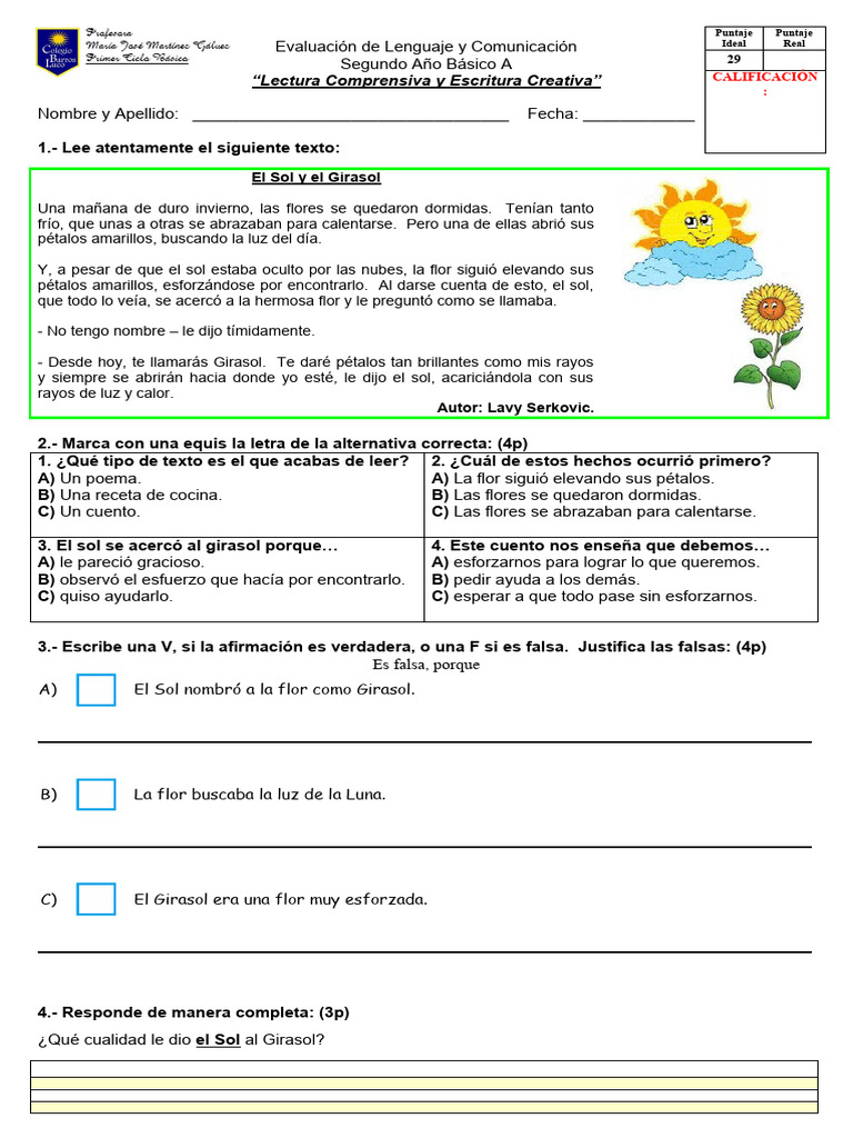 El Sol y El Girasol Comprension Lectora y Escritura Creativa | PDF