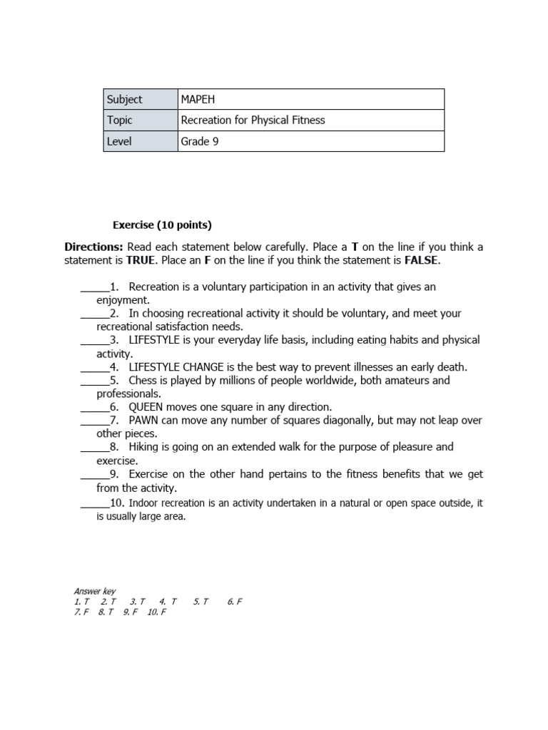 Mapeh 9 - Q4 - Pe - Assessments | PDF | Recreation | Outdoor Recreation