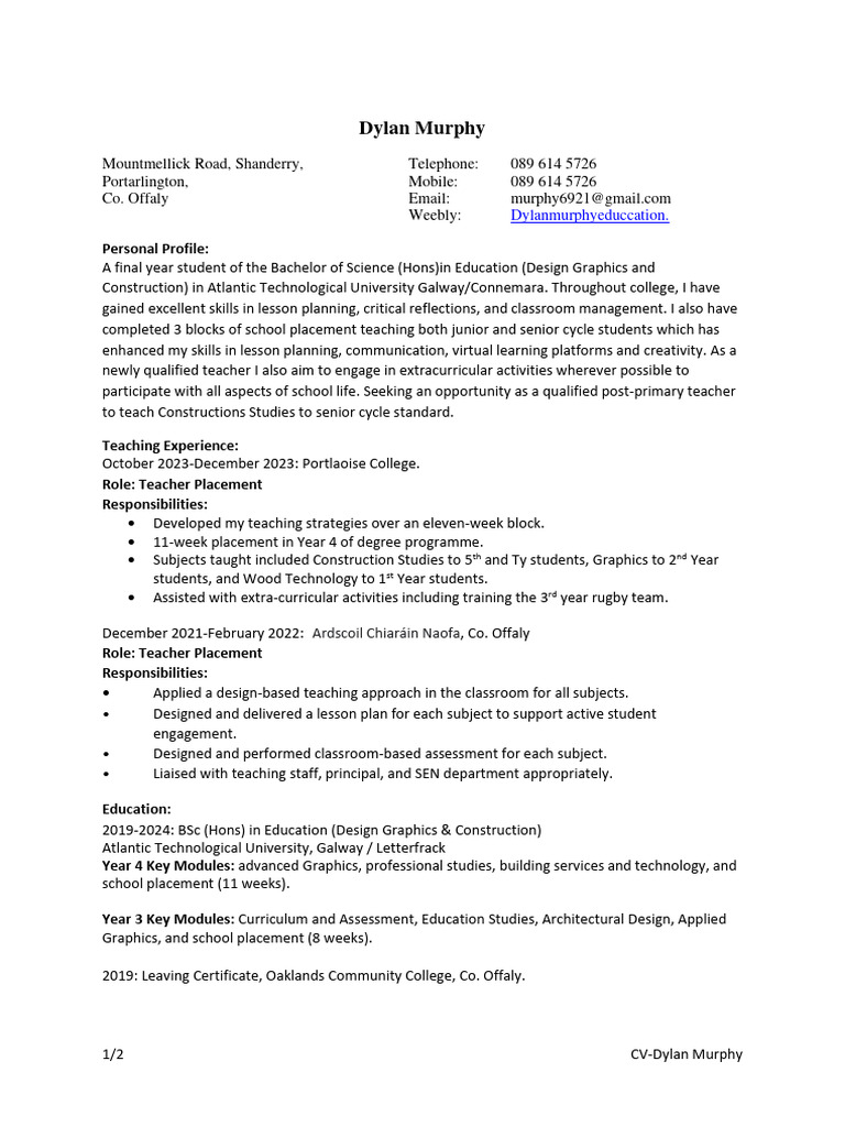 cv dylan murphy 2024 | PDF | Teachers | Lesson Plan