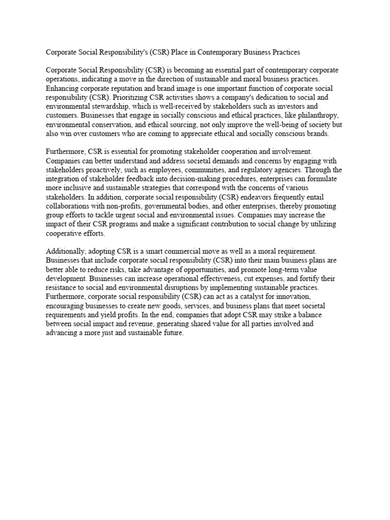 The Role of CSR in Modern Business | PDF | Corporate Social Responsibility | Natural Environment