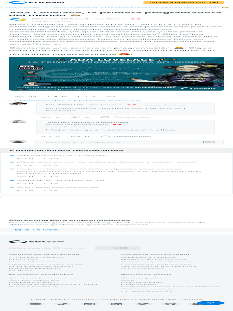Ada Lovelace, La Primera Programadora Del Mundo ? ? EDteam | PDF ...