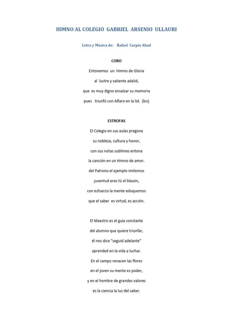 Himno al Colegio Gabriel Arsenio Ullauri | PDF | Poesía