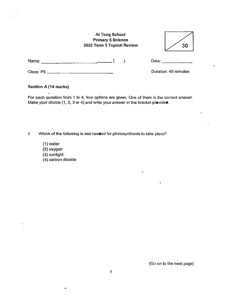 P5 Science AiTong 2022 WA3 Exam Papers | PDF | Teaching Methods & Materials
