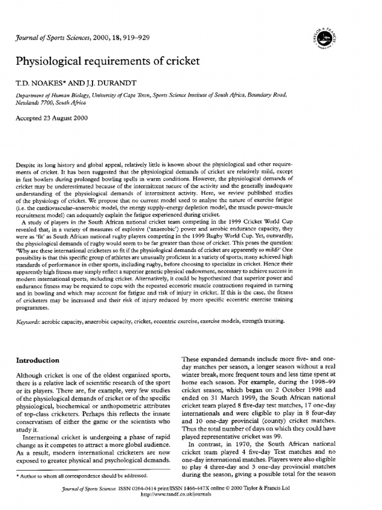 Physiological Requirements of Cricket | PDF
