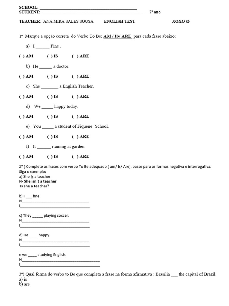 English Test: Verb To Be for 7th Grade | PDF | Language Arts & Discipline