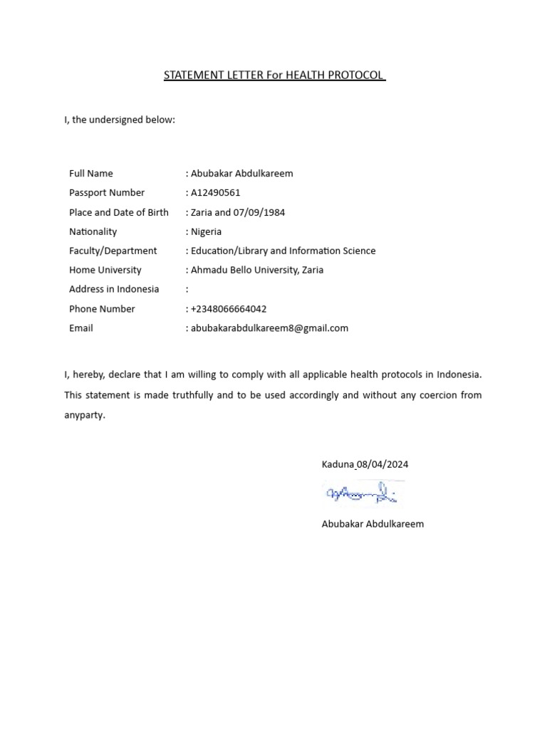 STATEMENT-LETTER-For-HEALTH-PROTOCOL | PDF