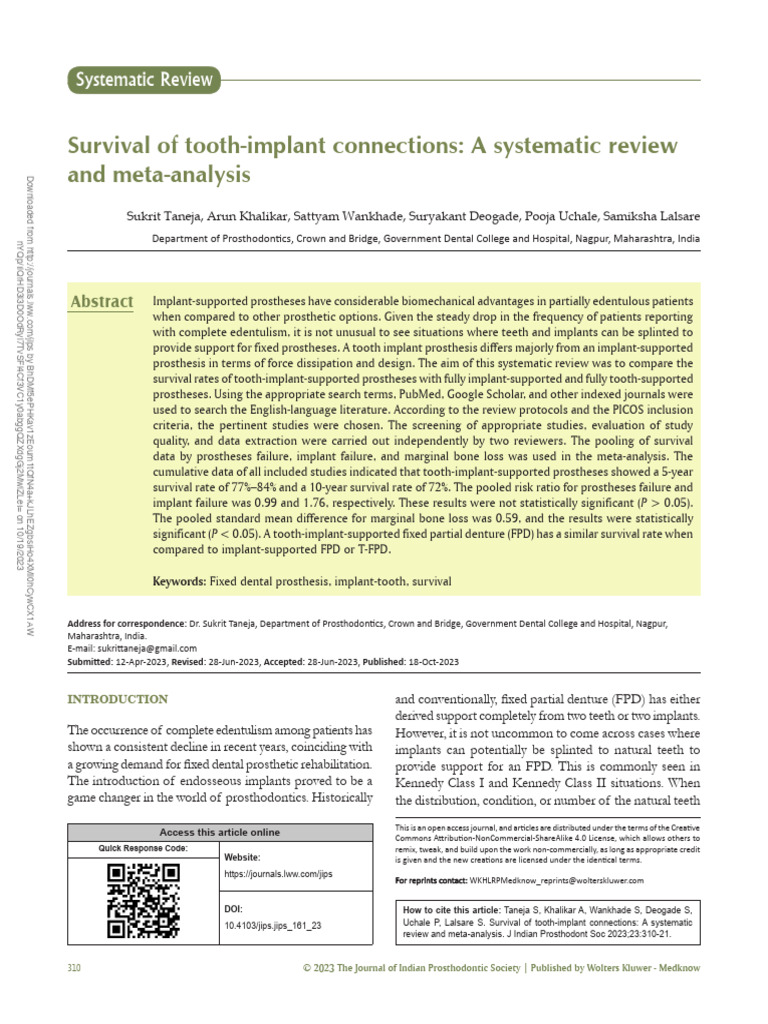Survival of Tooth Implant Connections A.21-2 | PDF | Dental Implant ...