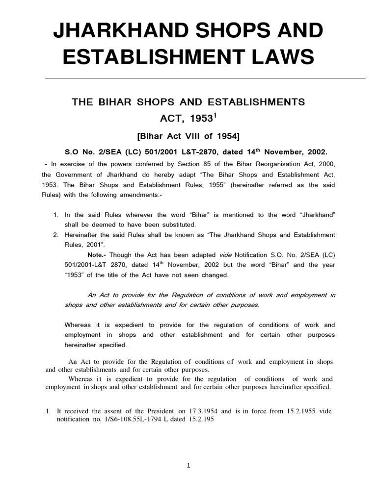 Jharkhand Shopsandestablishment Act | PDF | Employment | Overtime