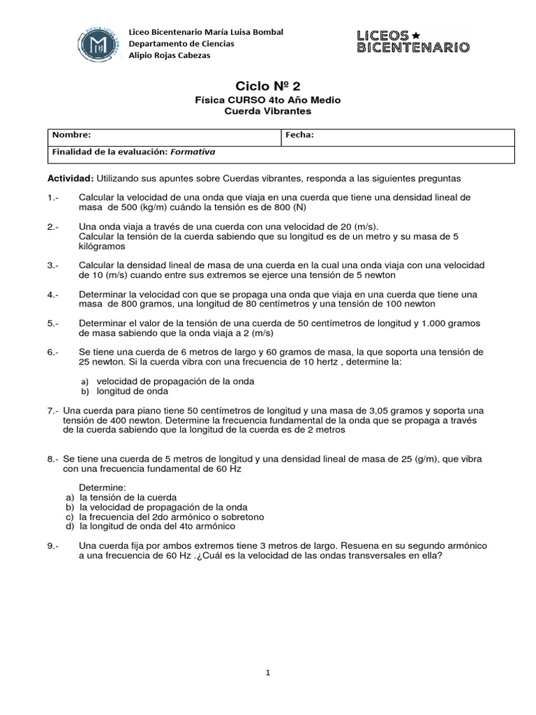 MLB Fisica 4to M Ejerc Cuerdas PAES 2023 | PDF | Frecuencia | Olas