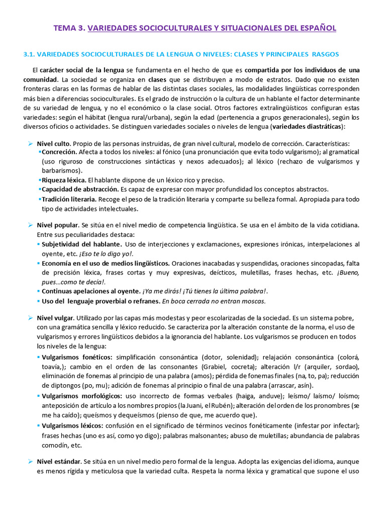 Tema 3 Variedades Socioculturales y Situacionales Del Español | PDF ...