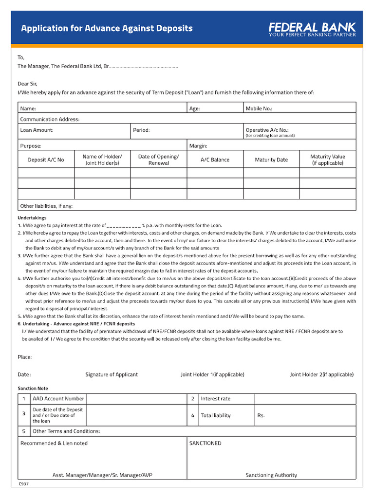 1 - Application For Advance Against Deposits (AAD) - C937 | PDF