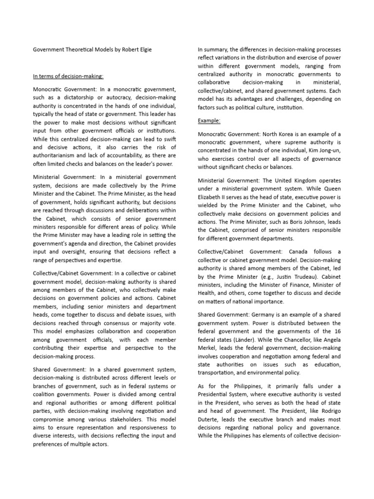 Government Theoretical Models by Robert Elgie | PDF | Cabinet ...