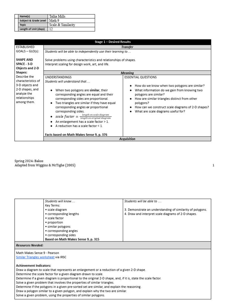 Scale and Similarity Unit Plan | PDF | Mathematics | Euclidean Plane Geometry