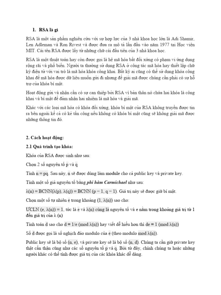 RSA Là Gì: 2. Cách Ho T Đ NG: 2.1 Quá Trình T o Khóa | PDF