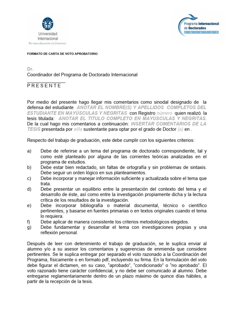 Formato Voto Aprobatorio | PDF | Doctorado
