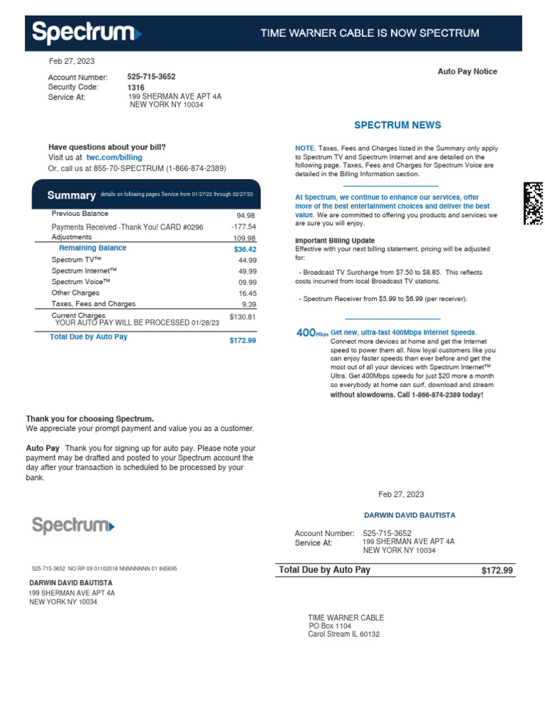 Spectrum Bill Time Warner Cable DB | PDF | Fee | Services (Economics)