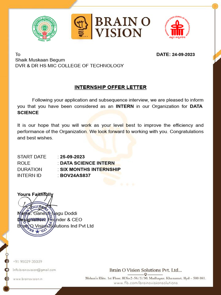 DATA SCIENCE INTERNSHIP OFFER LETTER | PDF