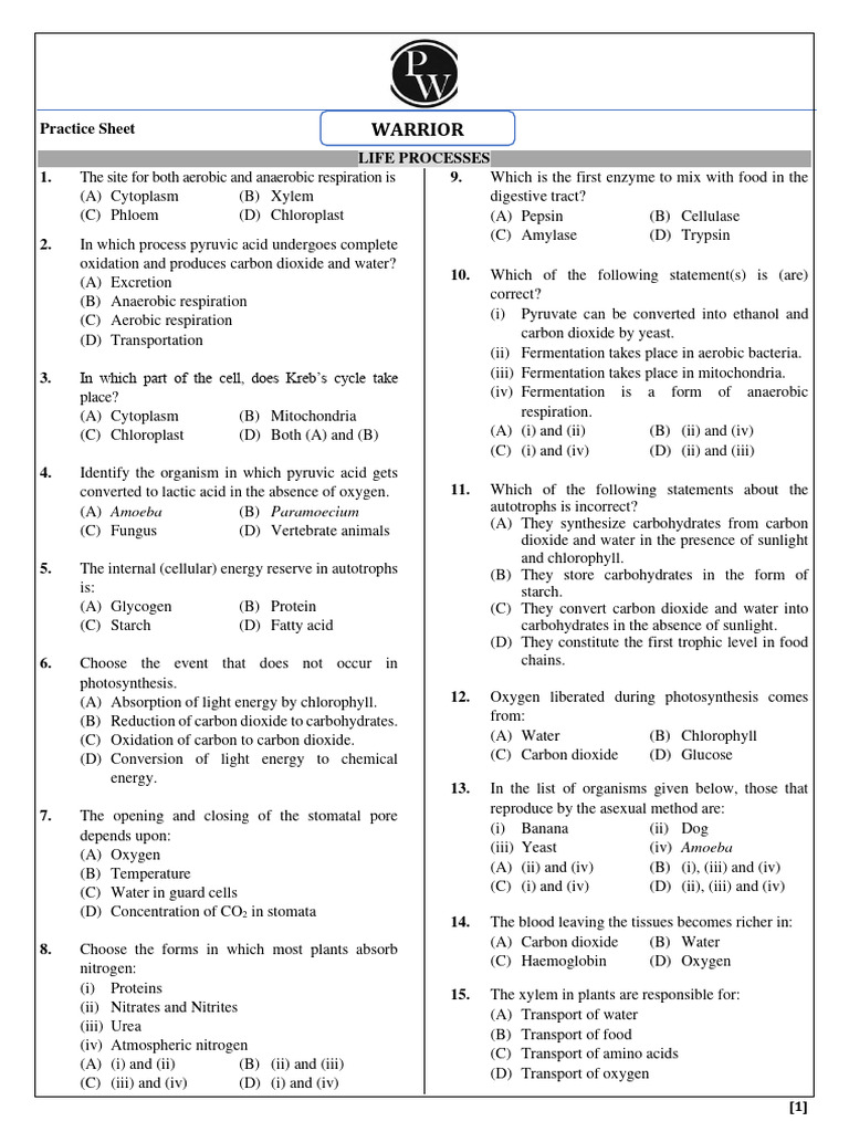 65dc94544355f9001823b4d7_##_Life Processes _ Practice Sheet | PDF | Digestion | Photosynthesis