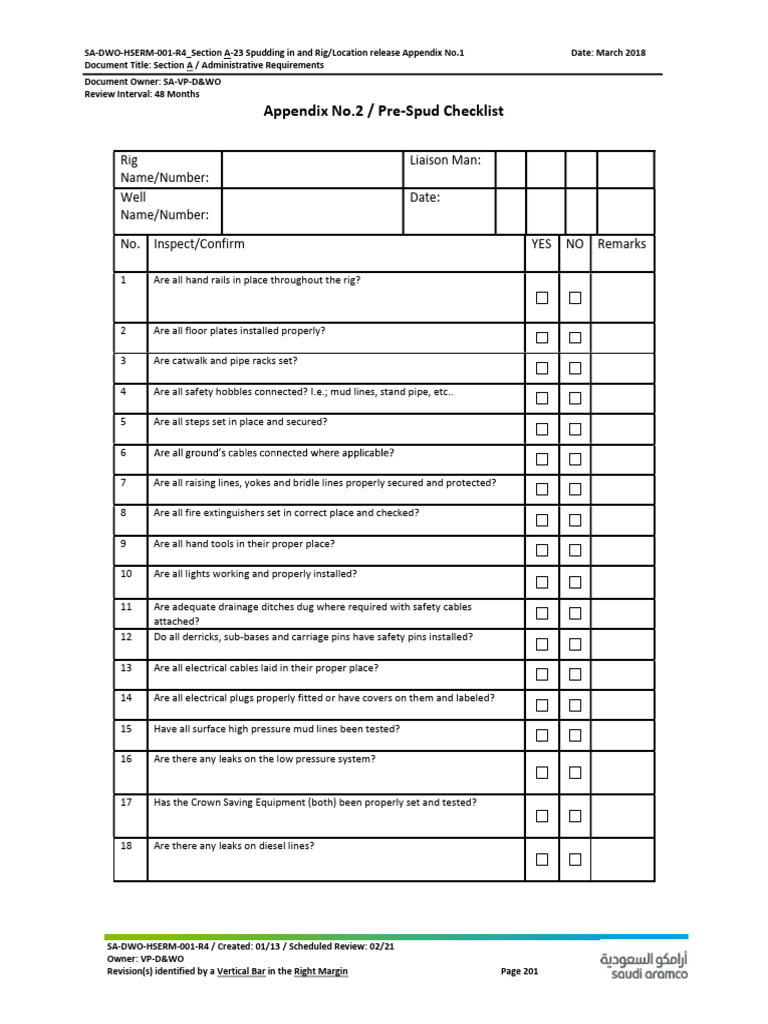 Aramco Pre-Spud Checklist | PDF | Pipe (Fluid Conveyance) | Safety