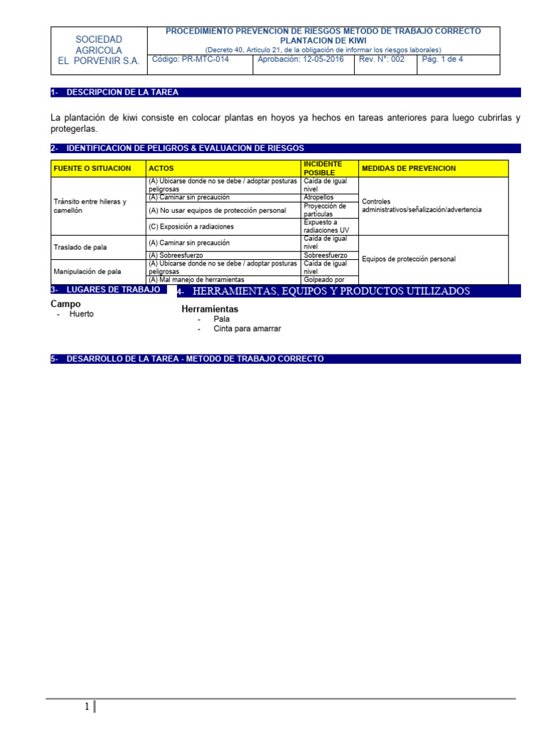 PR-MTC-014 - Método de Trabajo Correcto - PLANTACIÓN KIWI - Version - Mayo2016 | PDF | Protector ...