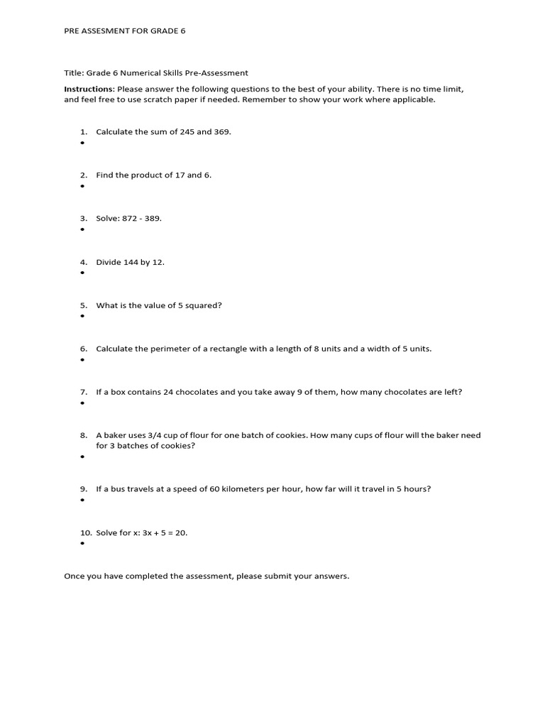 Grade 6 Pre Assessment | PDF | Length | Educational Assessment
