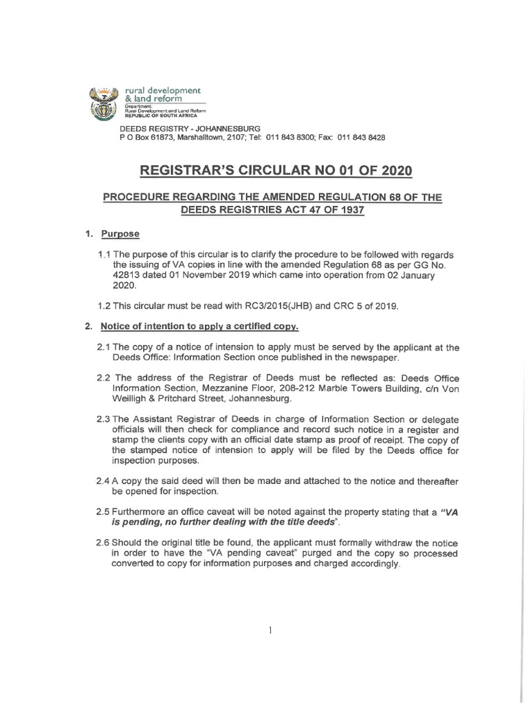 Johannesburg Registrar's Circular No 01 of 2020 | PDF