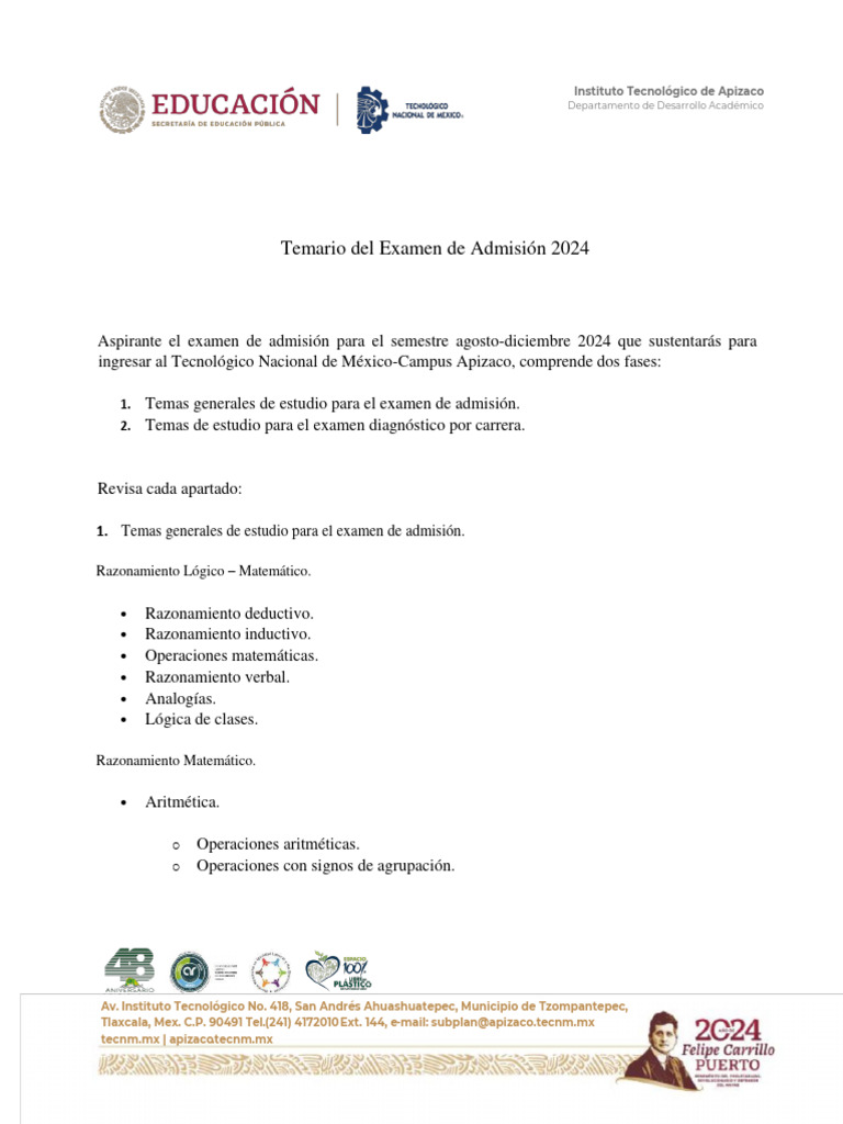 Temario de Examen de Admision 2024 | PDF | Factorización | Ingeniería