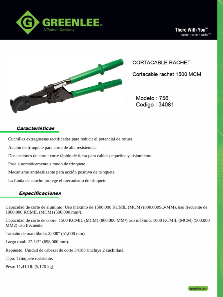 Cortacable Rachet 1500 MCM: Especificaciones | PDF