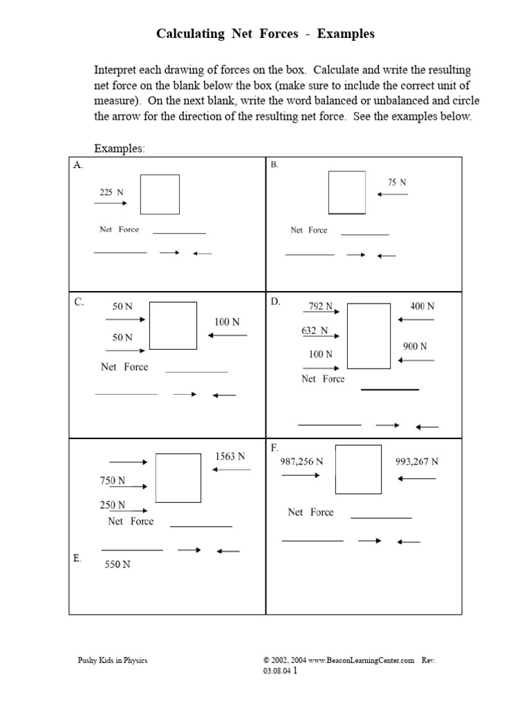 Net Forces Worksheet I | PDF