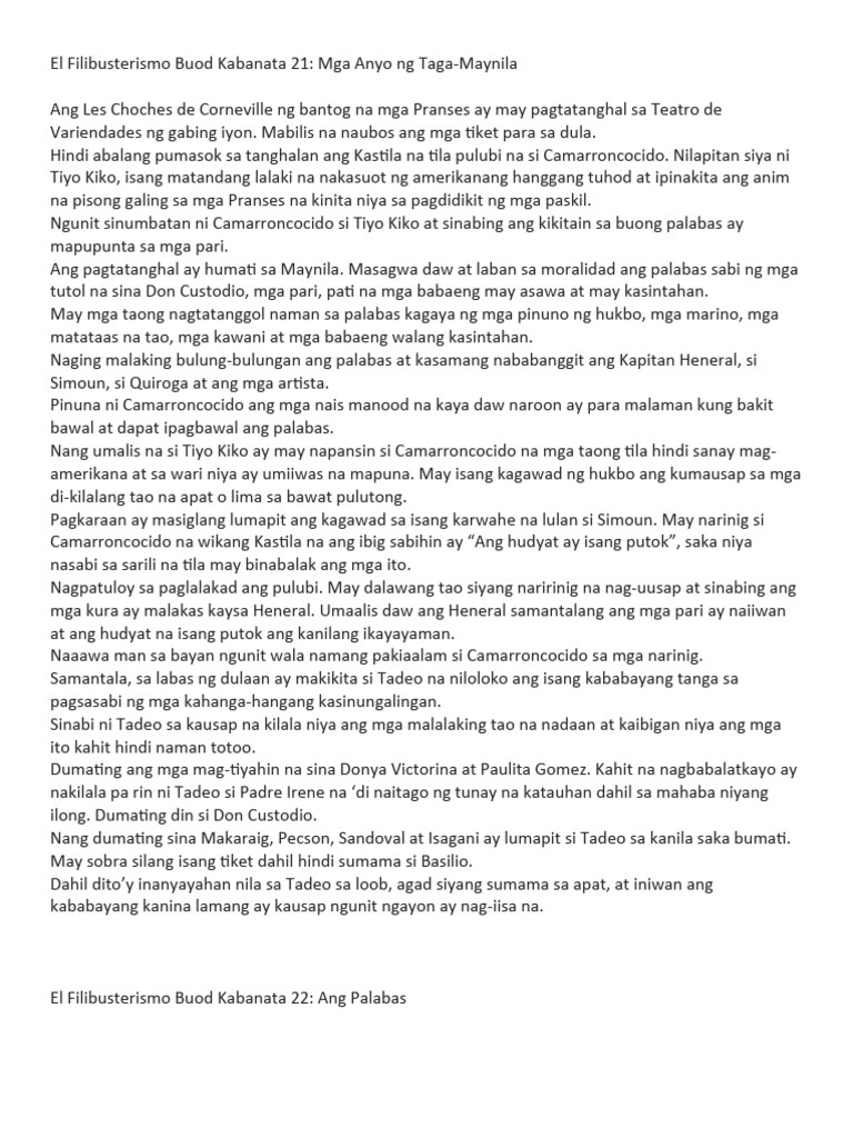 El Filibusterismo Buod Kabanata 21-39 | PDF