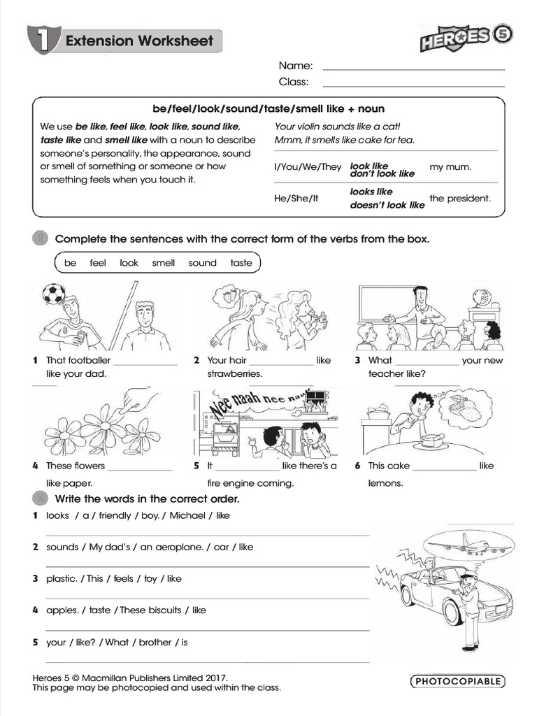 PDF Extension Worksheet Be Feel Look Sound Taste Smell Like Noun ...