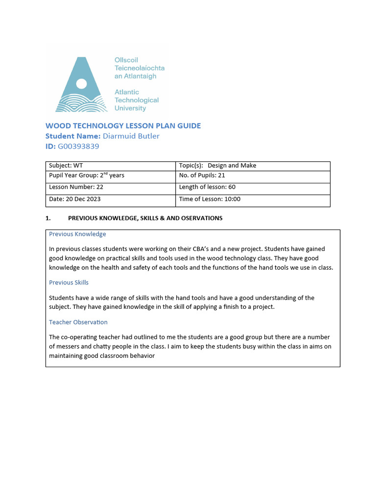2nd year lesson plan 22 wood technology | PDF | Lesson Plan | Brainstorming