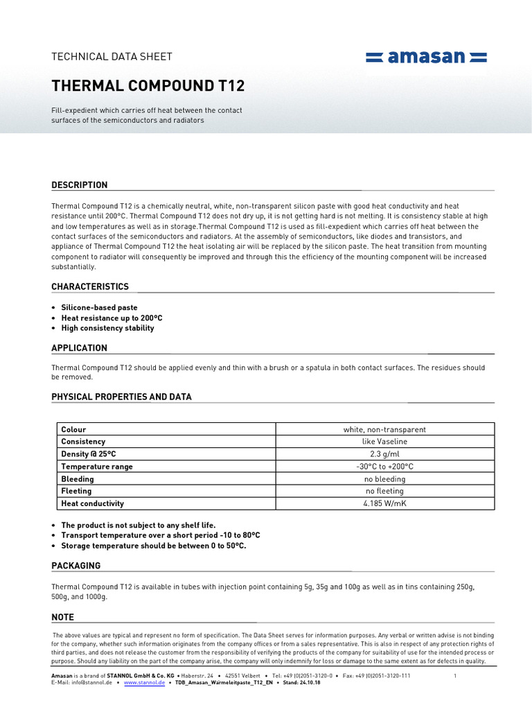 TDS Amasan Waermeleitpaste T12 En | PDF | Heat | Semiconductors