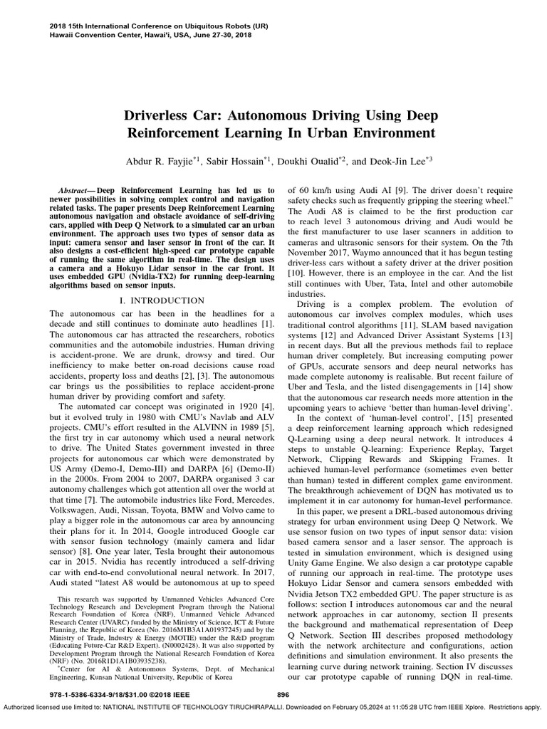 Driverless Car Autonomous Driving Using Deep Reinforcement Learning in Urban Environment | PDF ...