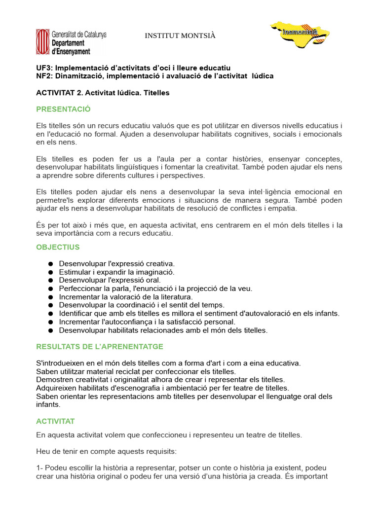 Activitat 2. Activitat Lúdica. Titelles | PDF