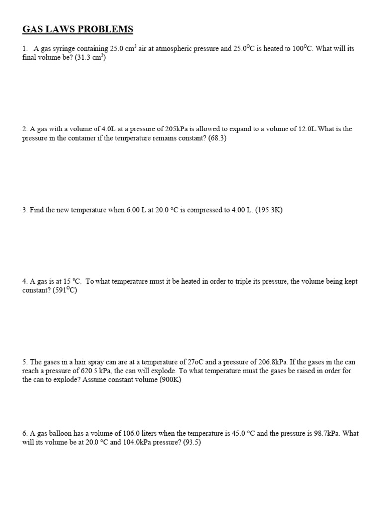 Gas Laws Worksheet 2024 | PDF | Gases | Mole (Unit)