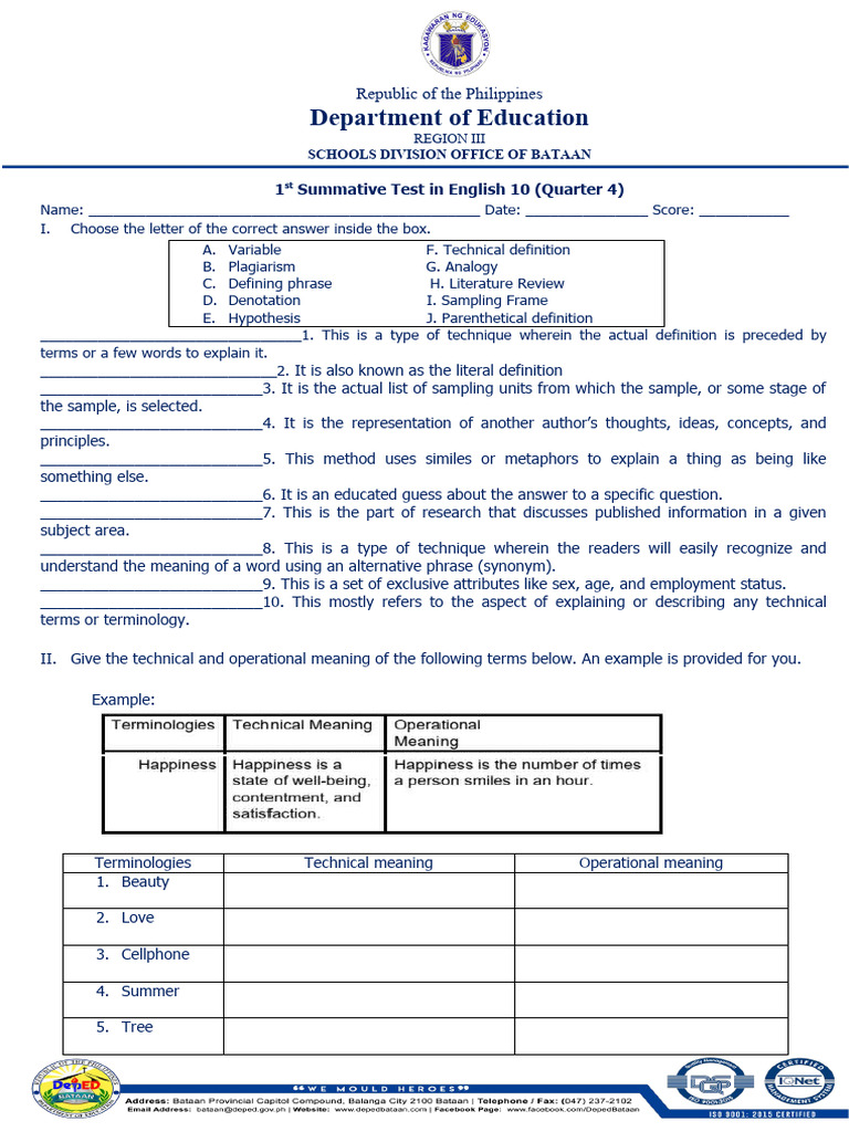 English 10 Summative Test | PDF | Definition | Cognitive Science