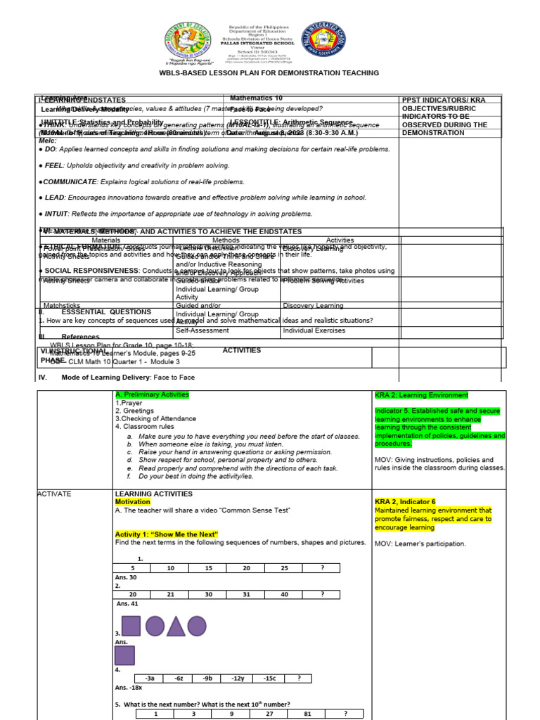 Q - 1math10 - Demo - Arithmetic Sequence | PDF | Learning | Arithmetic