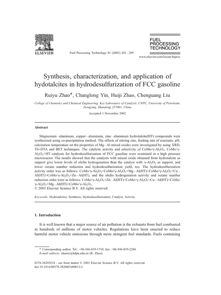 Zhao 2003 - Fuel Processing Technology | PDF | Catalysis | Hydrogenation